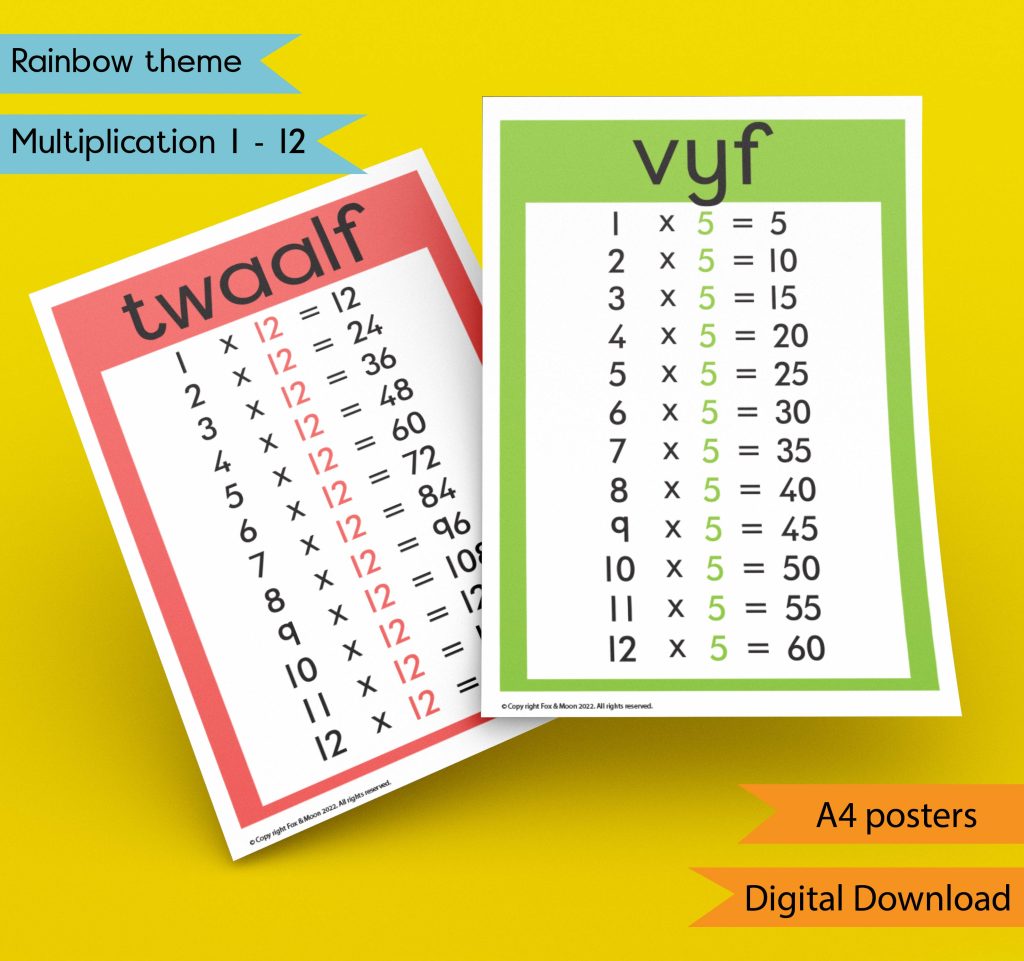 Afrikaans Multiplication Posters - A4 Rainbow theme - Fox & Moon
