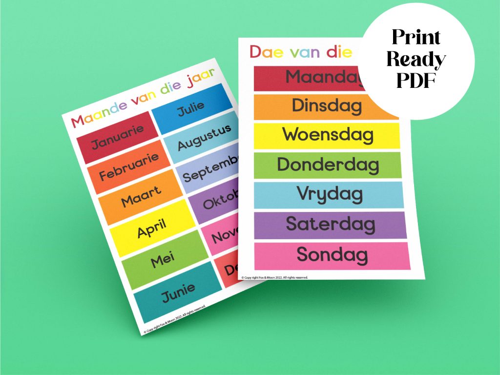 Classroom Months and days Digital Posters - A3 Afrikaans - Fox & Moon